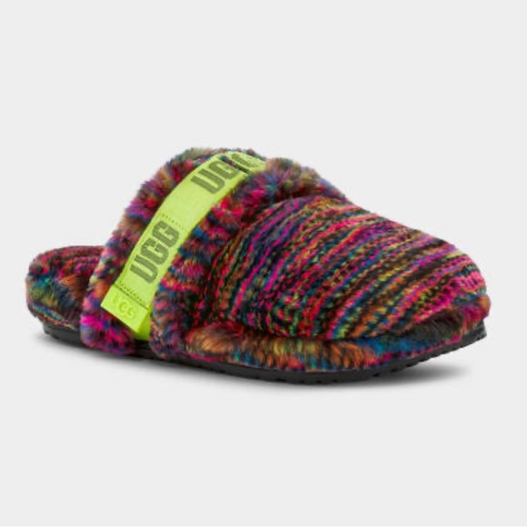 UGG | Shoes | Ugg Fluff It Pixelate Slippers Slides Red Black Faux Fur ...